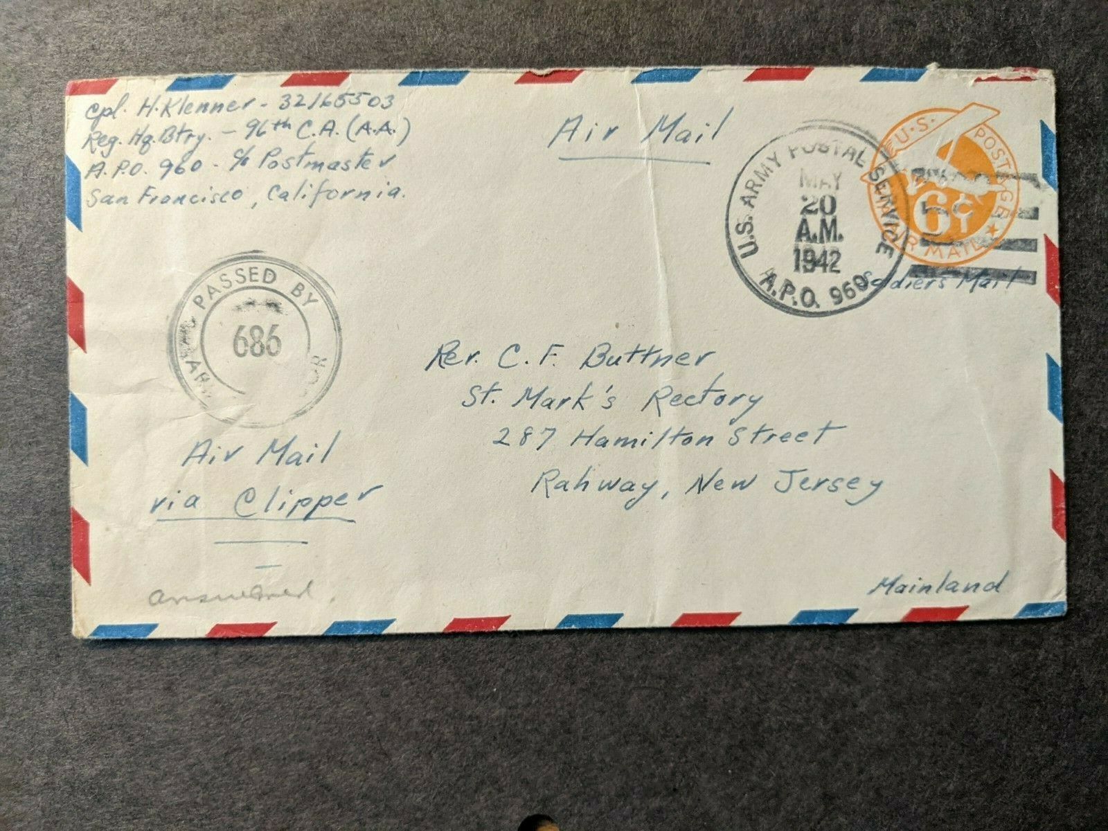 APO 960 HILO, HAWAII 1942 Censored WWII Army Cover 96th CA AA Arty ...
