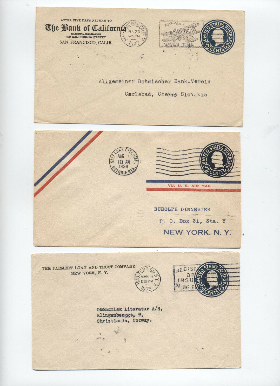 Three 1920s 5 cent circular die envelopes used [y2658] / HipStamp
