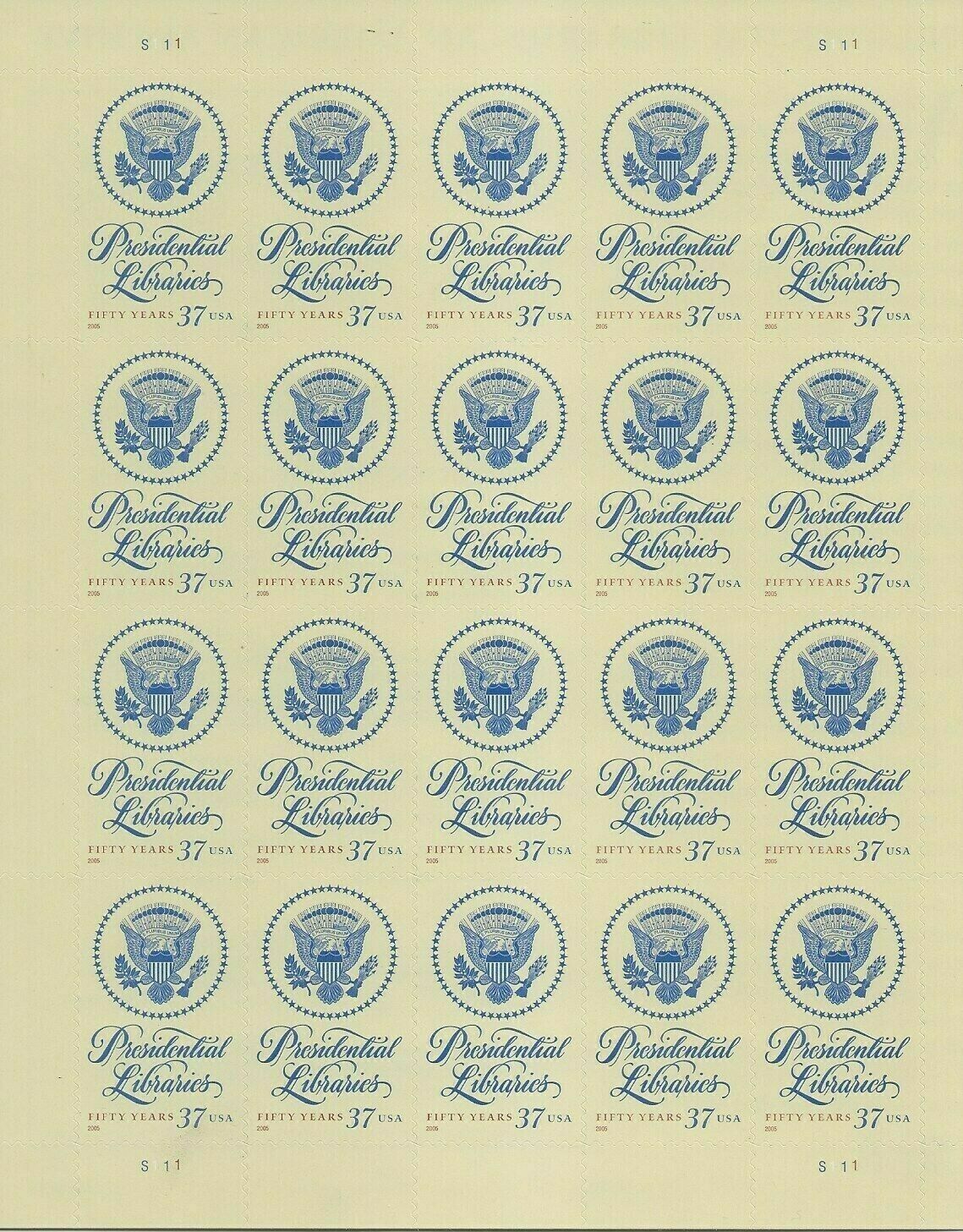 Presidential Libraries 50 Years Sheet of Twenty 37 Cent Postage Stamp ...