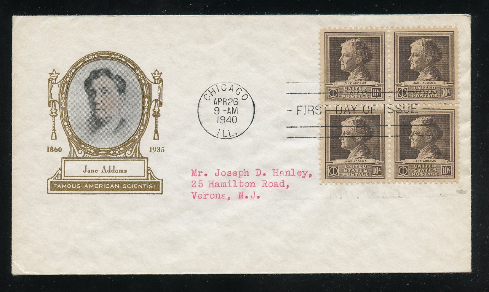 US 878 M=1A Jane Addams Famous American Harry Ioor cachet FDC ADDR ...