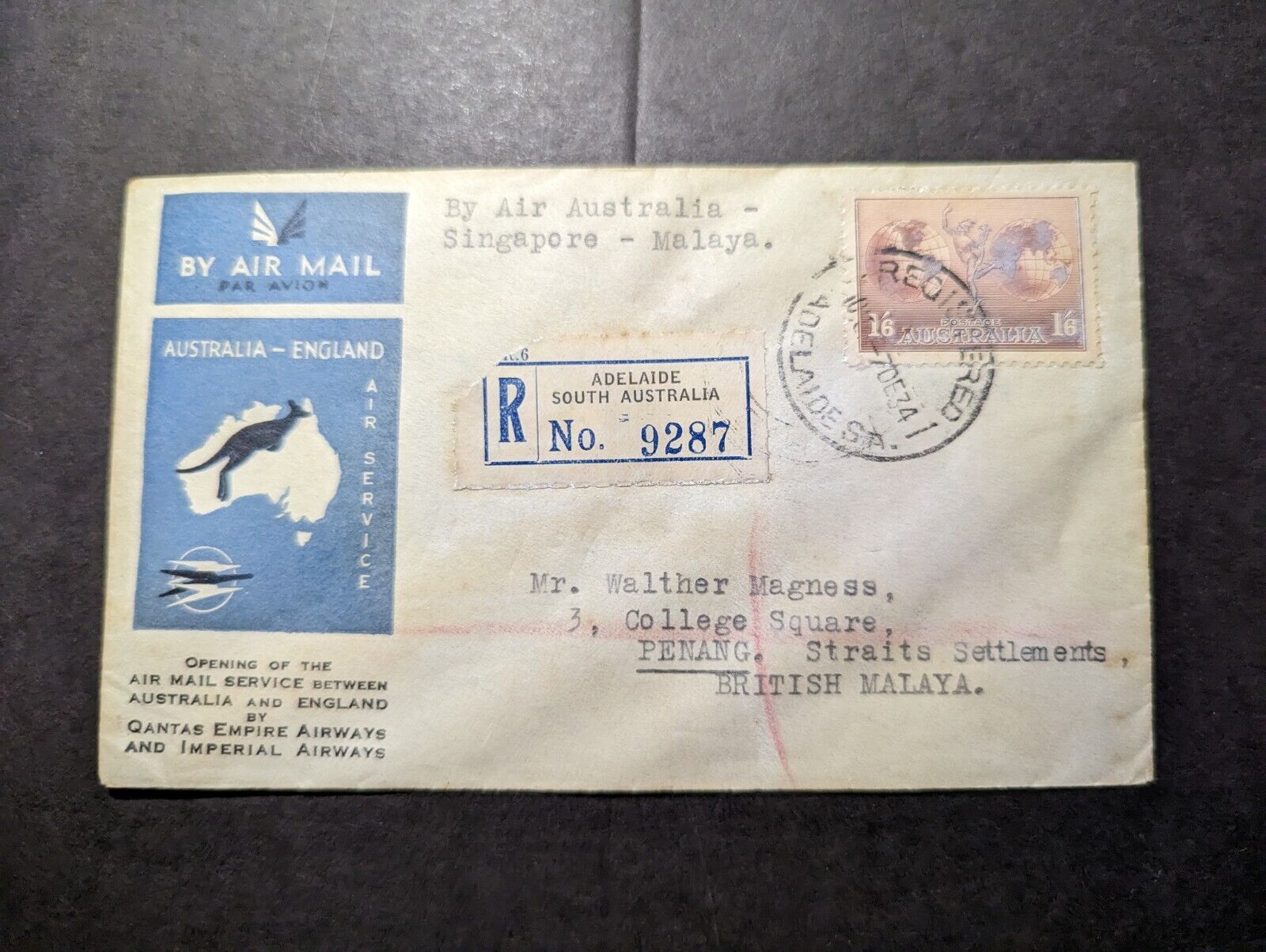 1934 Registered Australia Airmail First Flight Cover FFC Adelaide to ...
