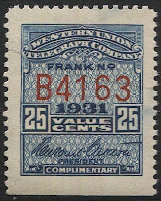 US 1931 Sc 16T80 Used Western Union Telegraph Co., Serial #B4263, VF ...