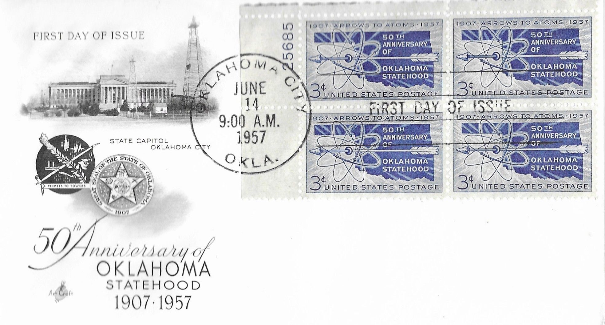 1957 FDC, #1092, 3c Oklahoma 50th, Art Craft, plate block of 4 | United ...