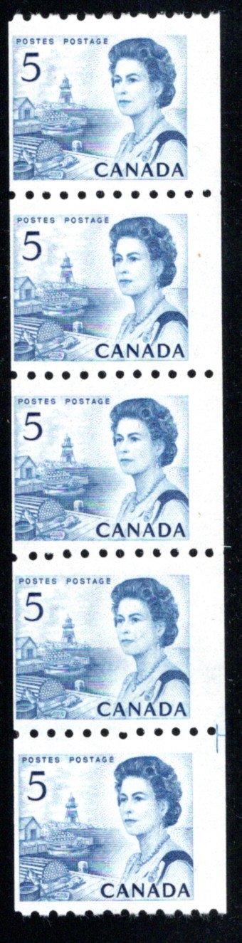 468i, Scott, 5c, LF, DEX, CUTTING GUIDELINE STRIP OF FIVE, Centennial ...