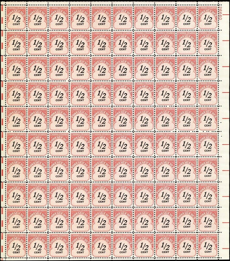 J88, Full Mint Sheet of 100 Postage Due Stamps PL# 26660 - Stuart Katz ...