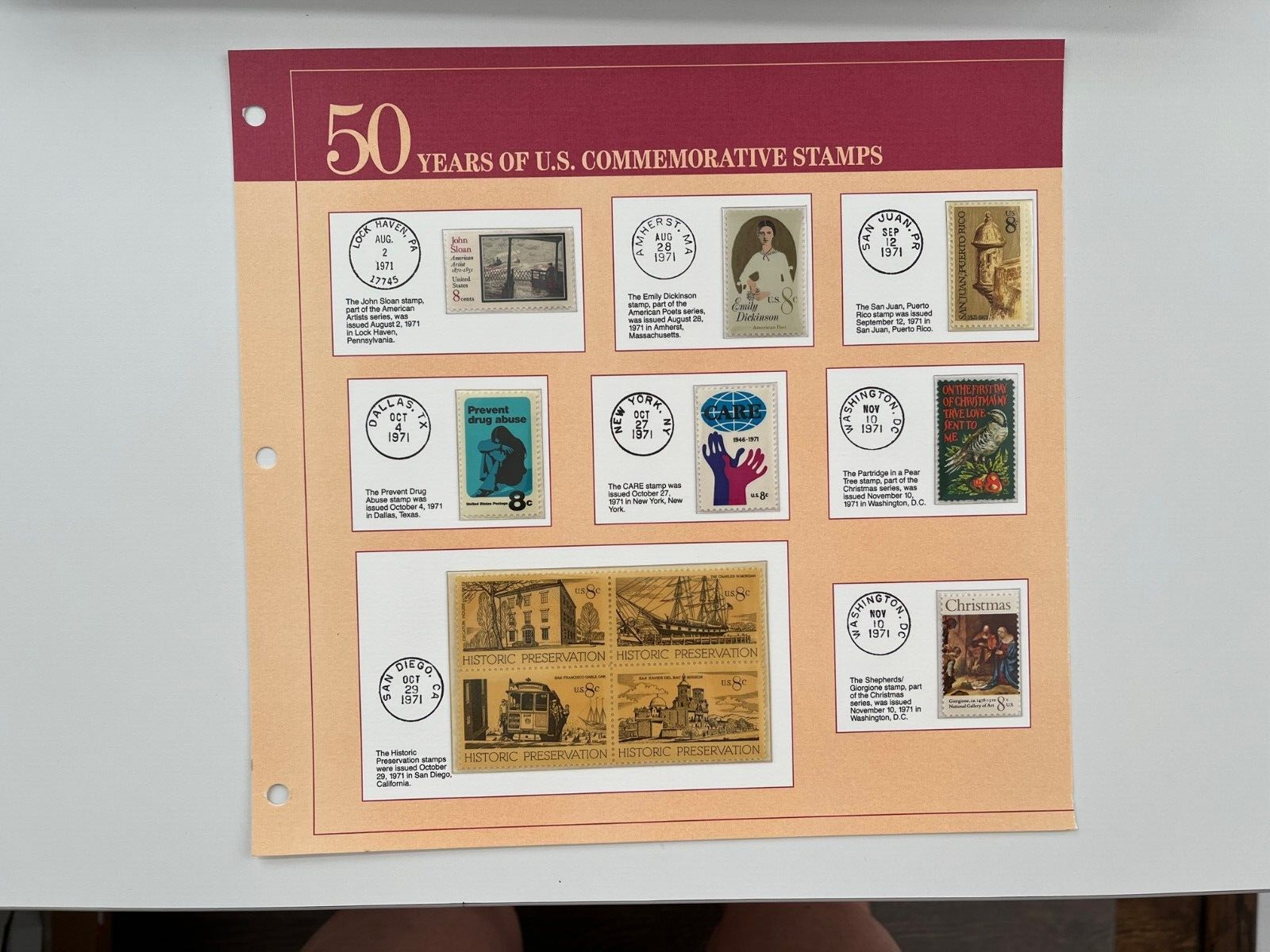1971 50 YEARS OF U.S. COMMEMORATIVE STAMP Albums Panel of stamps ...