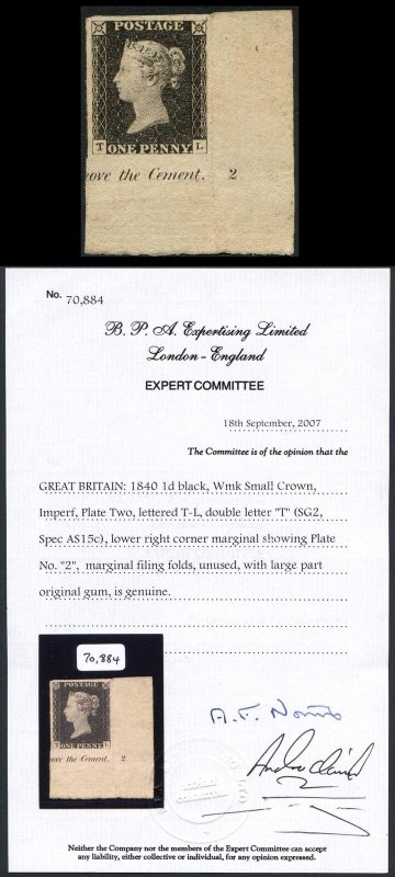 Penny Black (TL) Plate 2 Corner PLATE NUMBER Example | Great Britain ...