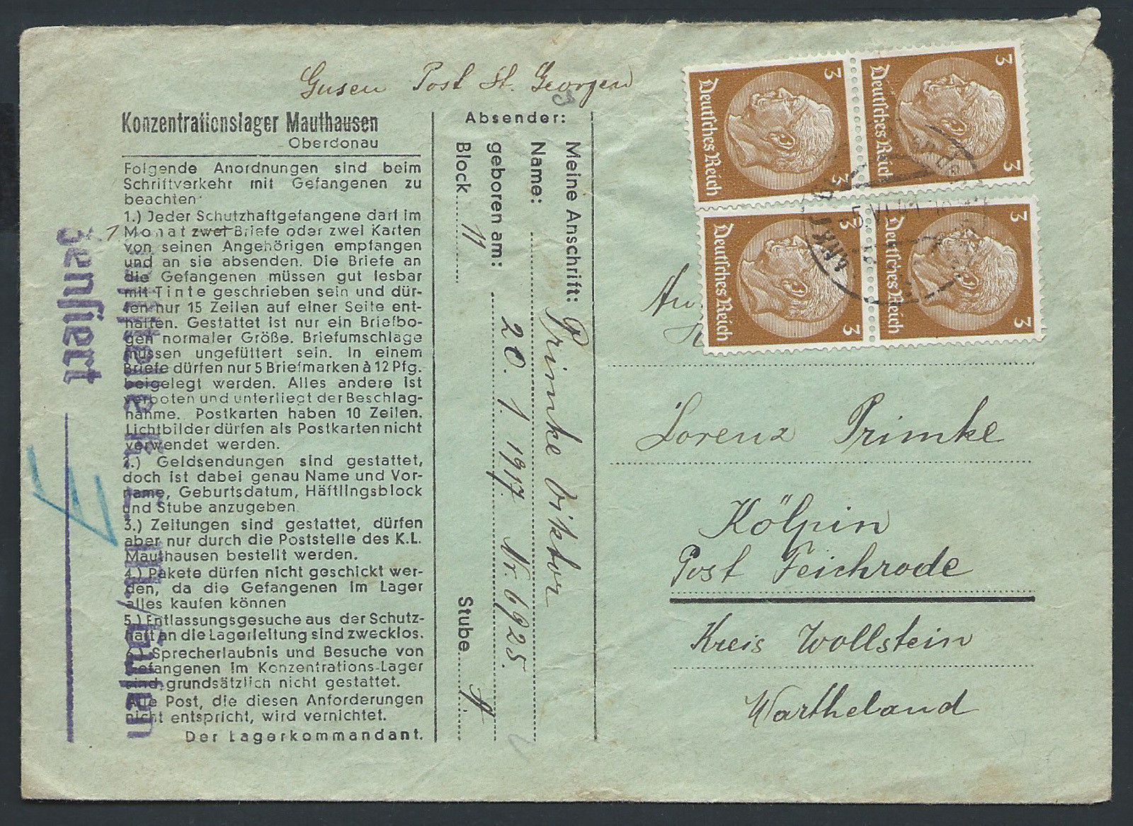 1941 Germany Cover Mauthausen Concentration Camp KZ Viktor Prinke 4 3pf ...