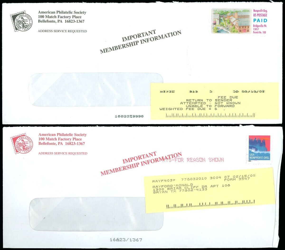2005 (2) AMERICAN PHILATELIC SOCIETY C/C's, Auxiliary H/S's & Yellow ...