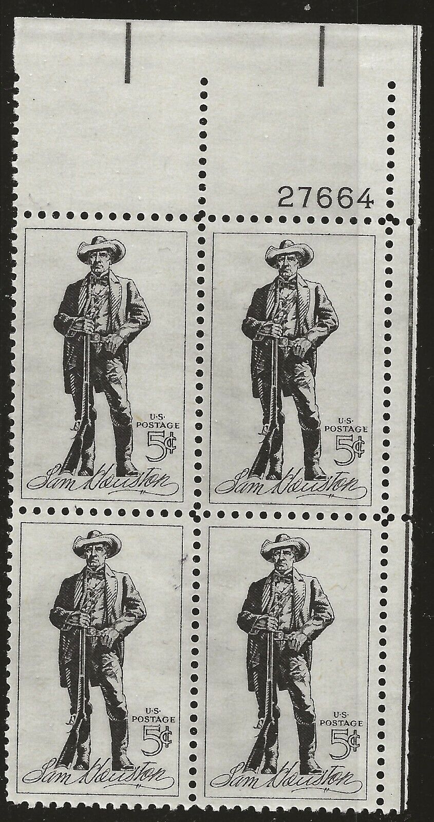 US Scott #1242, Plate Block #27664 1964 Sam Houston 5c FVF MNH Upper ...