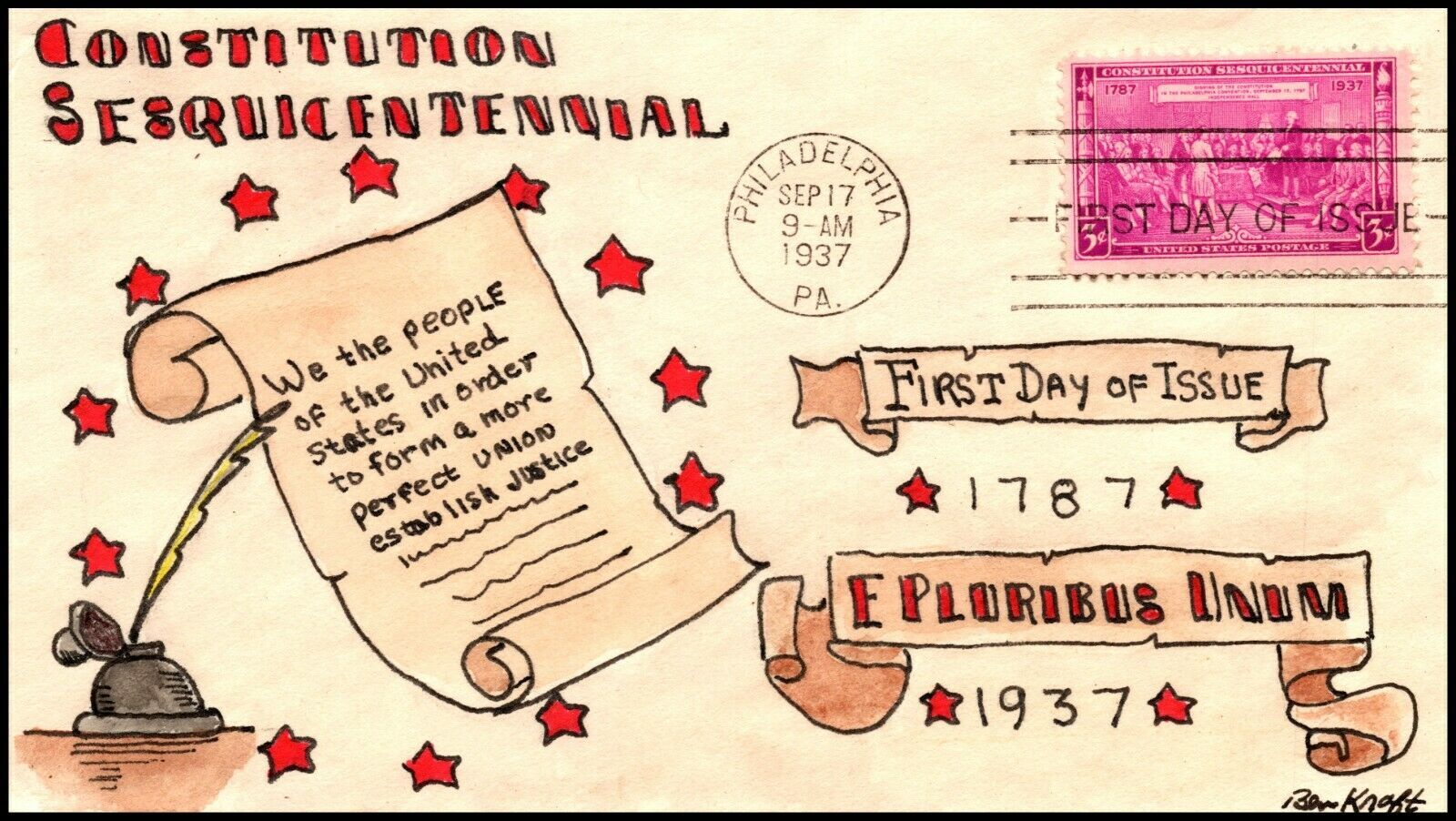 Scott 798 - 3 Cents Constitution Ben Kraft Hand Painted FDC Add On ...