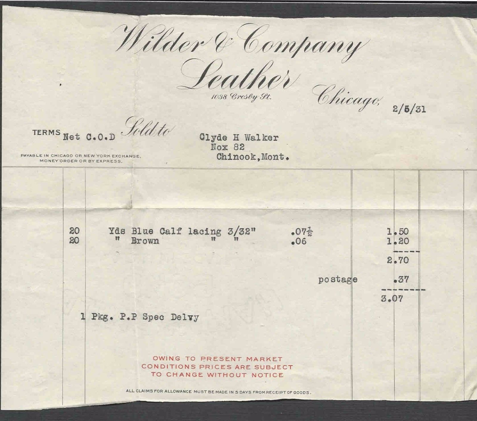 1931 Cover Chicago IL Wilder & CO Leather Goods INC W/Letter & Invoice ...