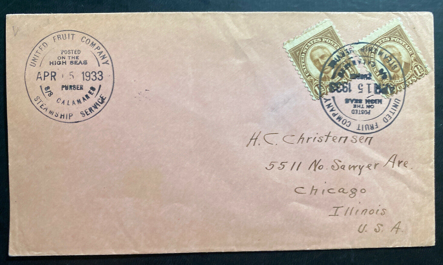 1933 USA SS Calamares Paqueboat United Fruit UFC Cover To Chicago IL ...