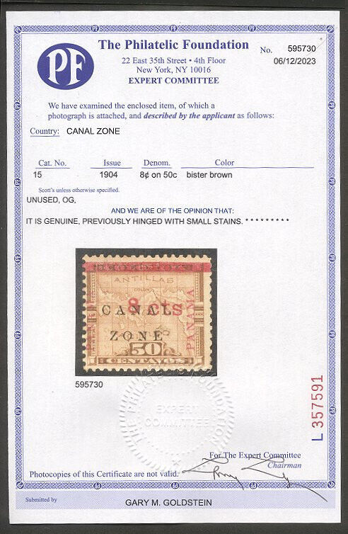 CANAL ZONE #15 RARE Mint w/ Cert - 1904 8c on 50c Bister Brown | United ...