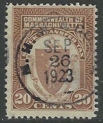 USA Massachusetts 1914 20c Stock Transfer Revenue ST5 VFU | United ...