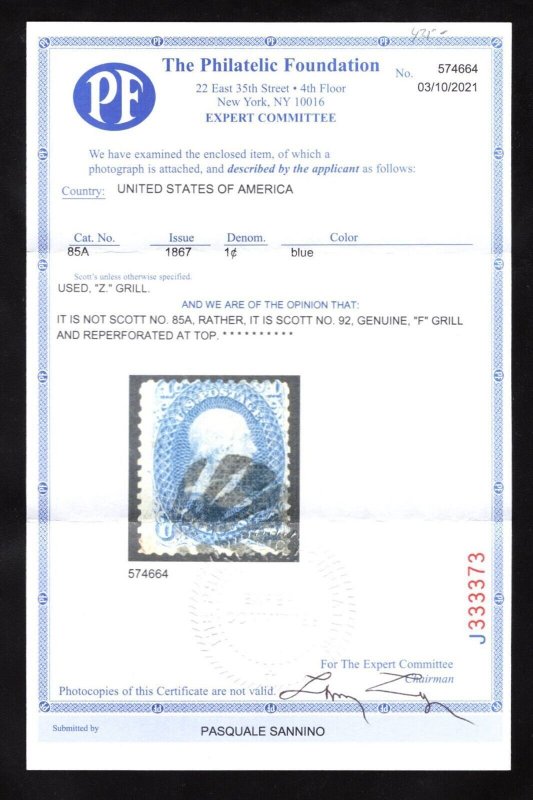 US Stamps #92 F Grill Used With ** PF Certificate ** LOT #77391 ...