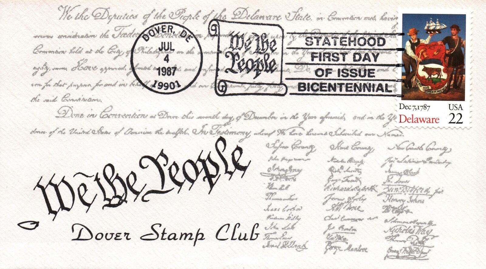 US First DAY Cover WE the People State of Delaware Dover Stamp Club ...