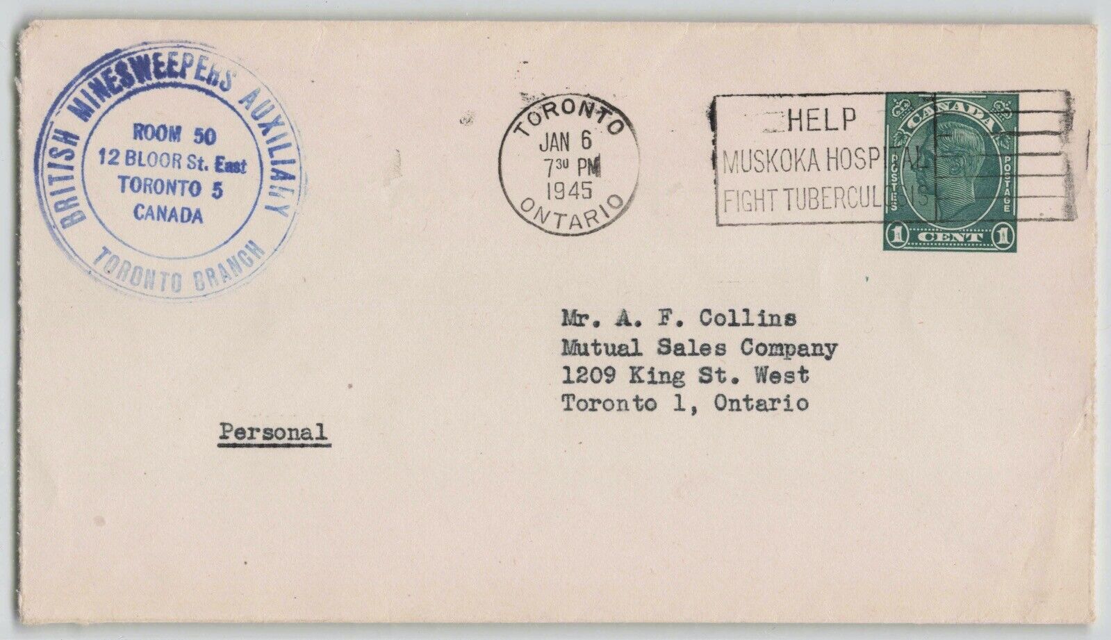 Canada 1945 WWII British Minesweeper Auxiliary Toronto Military Cover ...