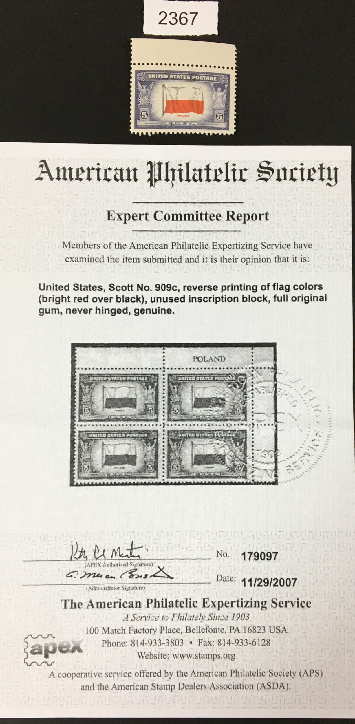 US Stamps # 909c Mint OG NH **Aps Cert** LOT #2367 | United States ...