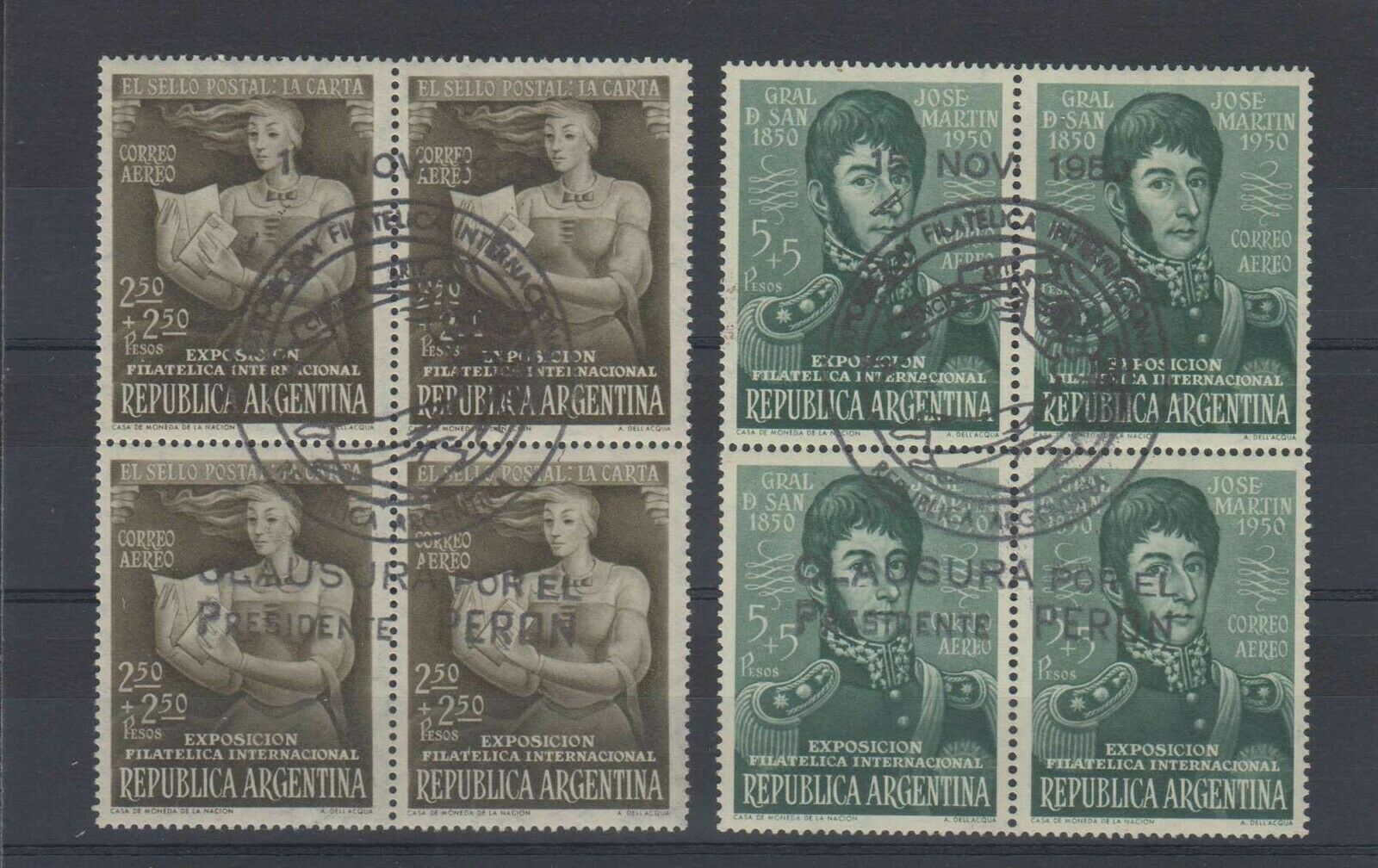 Argentina 1950 Philatelic Exhibition Sc B12 & Cb1-Cb5 SET Blocksx4 Used ...