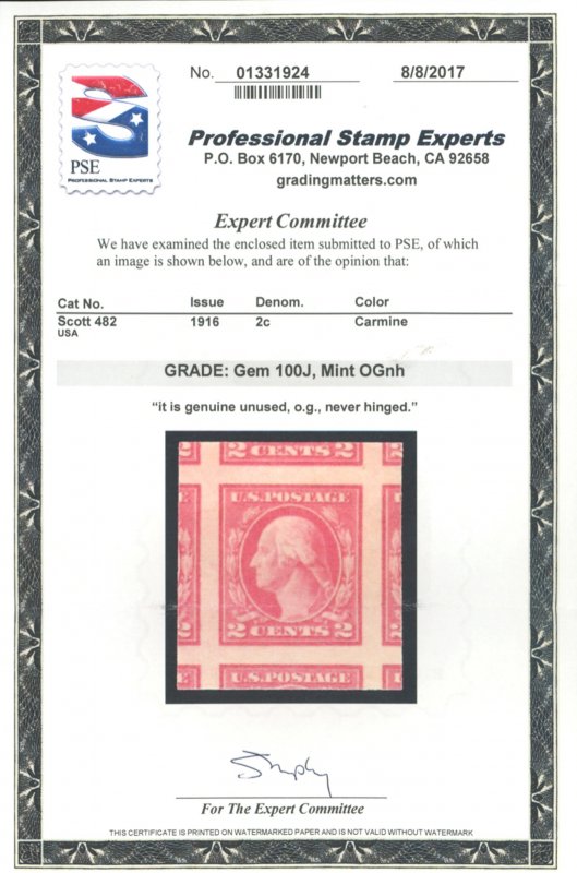 U.S. #482 Mint OG NH With PSE Cert Graded GEM 100j | United States ...