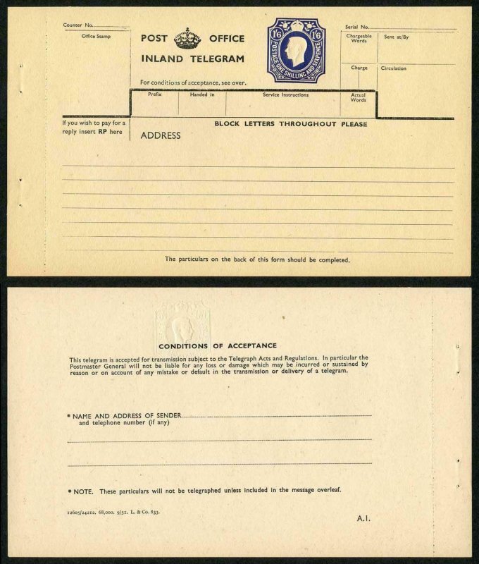 TP31a KGVI 1s 6d Post Office Telegram Form Tudor Crown | Great Britain ...