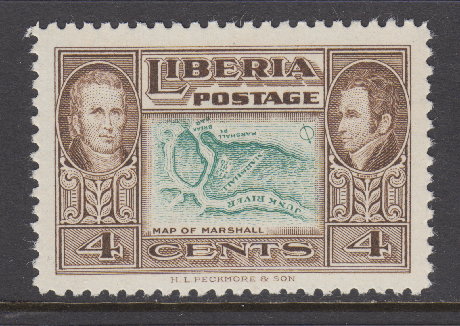 Liberia Sc 335 MNH. 1952 4c Marshall, Ashmun and Map, inverted center, VF | Africa - Liberia ...