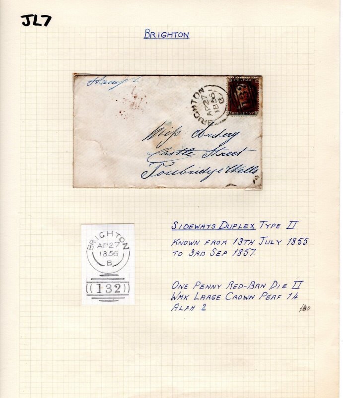 GB SIDEWAYS DUPLEX Sussex Brighton 1d Red-Brown SG.29 Cover 1856 Cat £ ...