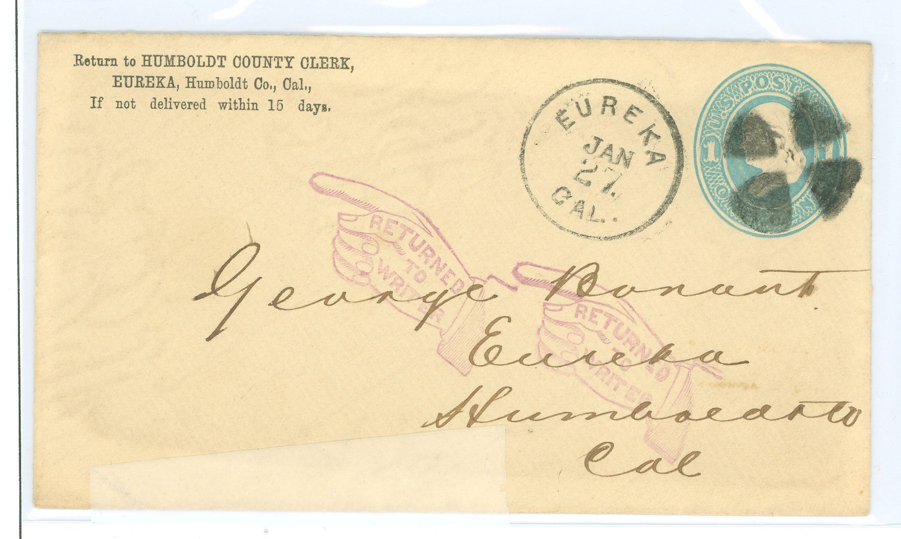 US U23 1882 Fancy cancel/return to sender pointing finger-2x Used stamp ...