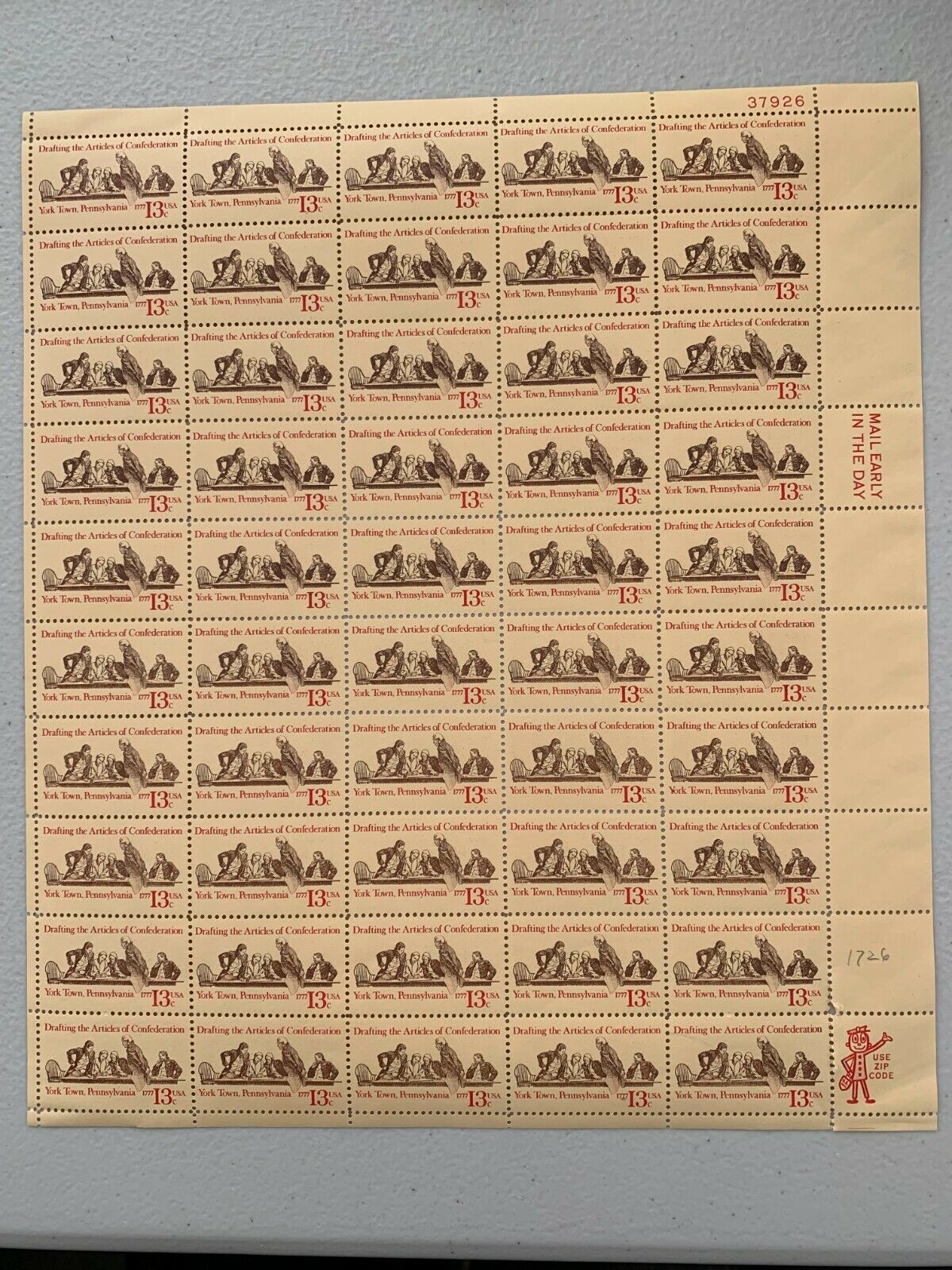 Scott 1726, 13 cent, Articles of Confederation, Mint Sheet with two ...