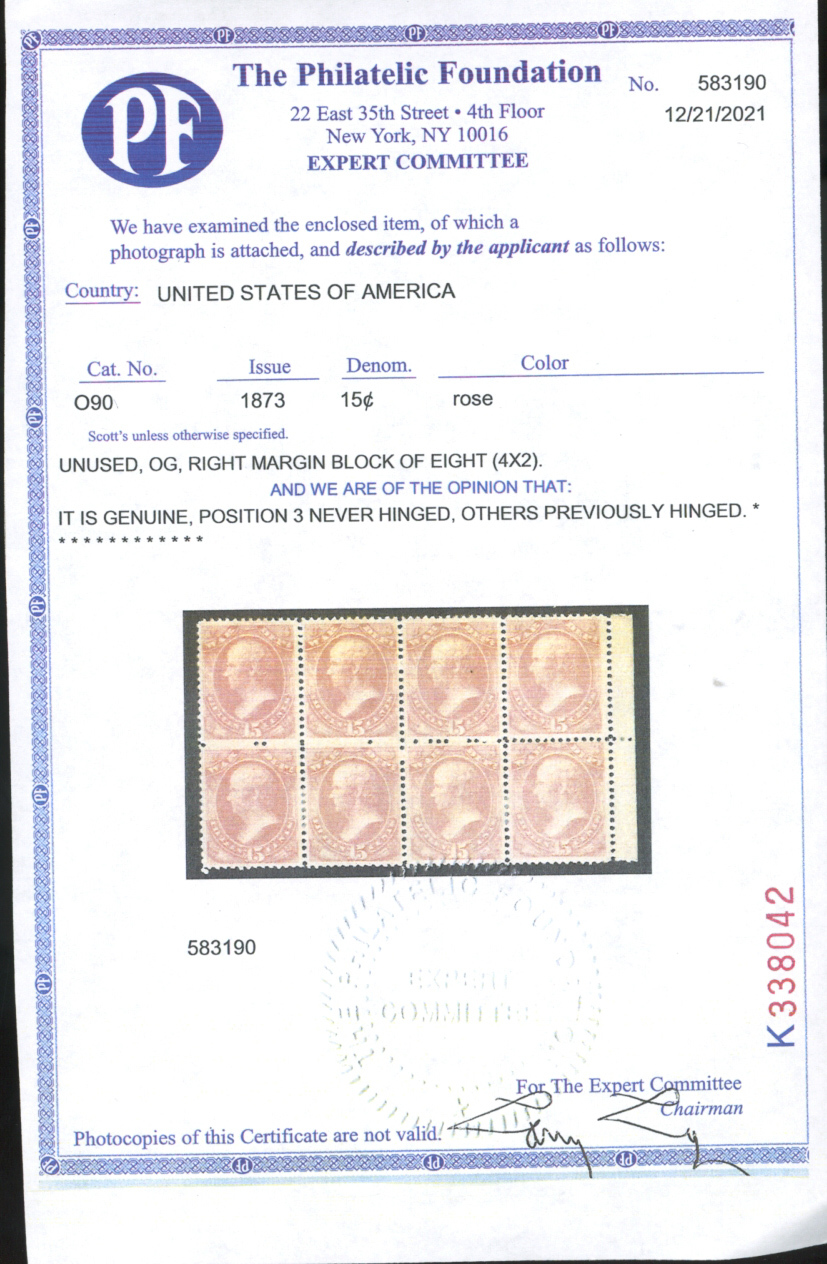 U.S. #O90 Mint Single With PF Cert(Copy) OG Hinged | United States ...