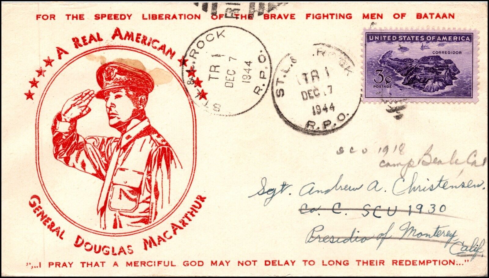 17 Dec 1944 WWII Patriotic Cover A Real American MacArthur Sherman 141 ...