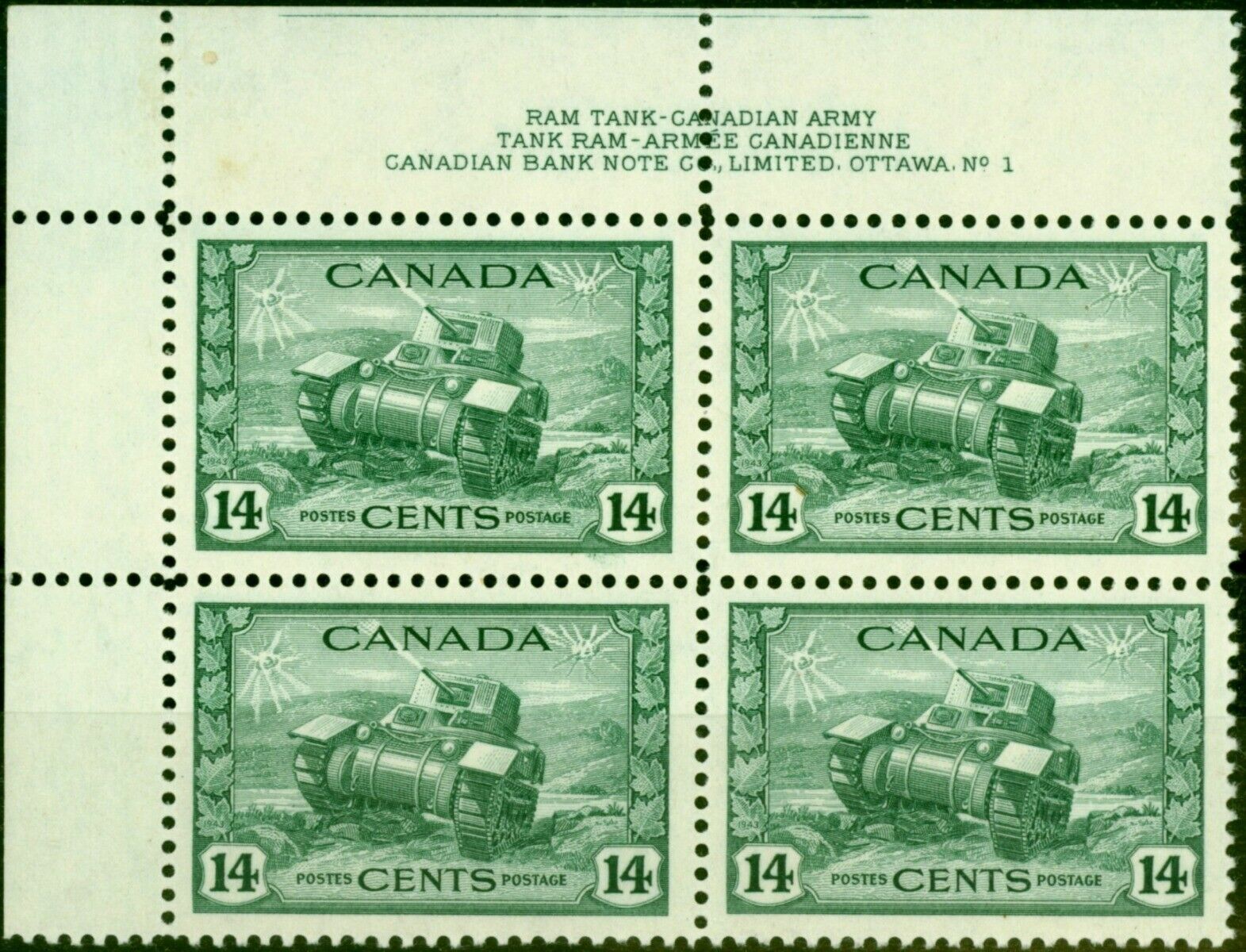Canada 1943 14c Dull Green SG385 Superb MNH Imprint Block of 4 | Canada ...