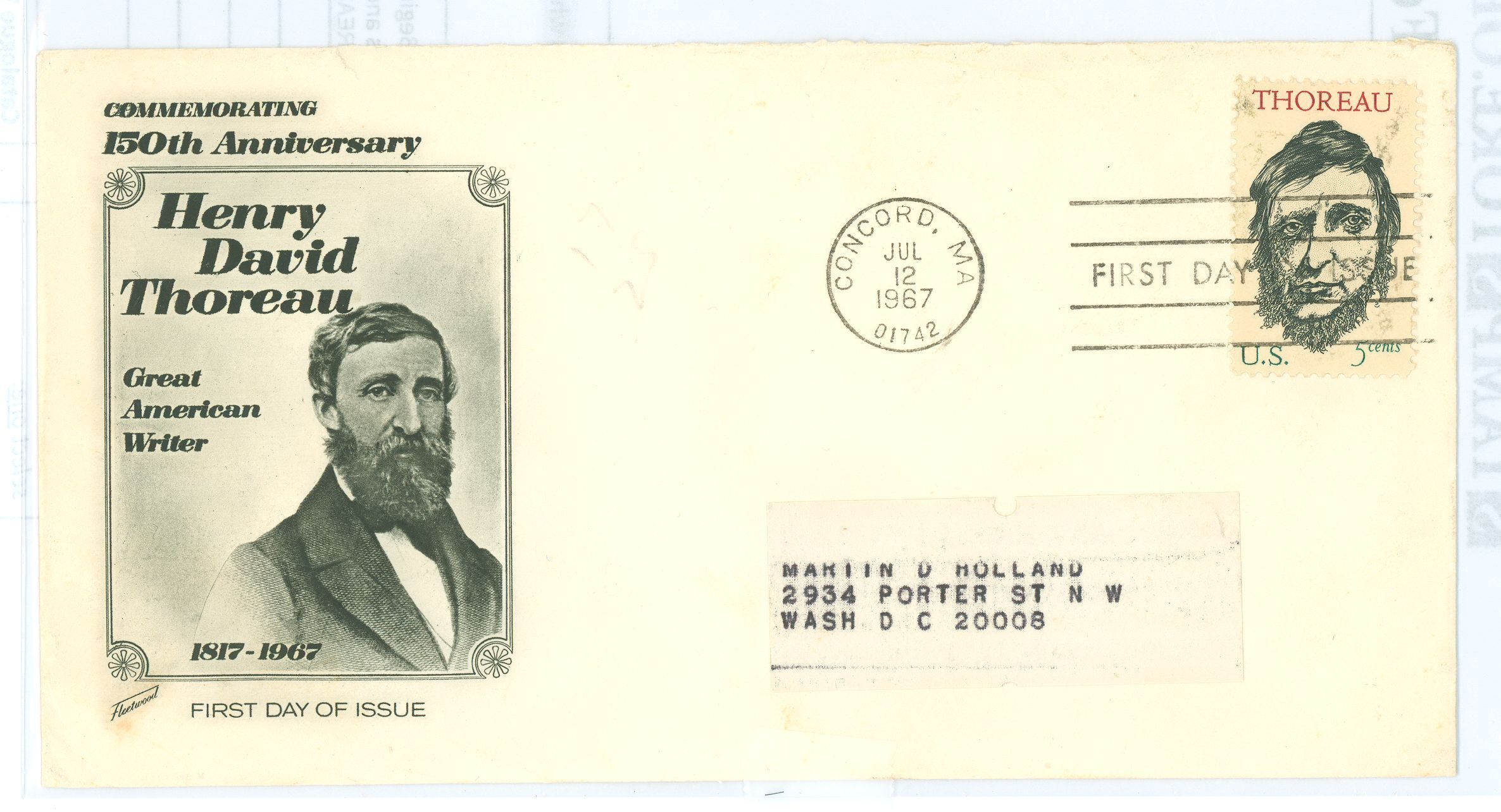 US 1327 1967 Henry David Thoreau 150th anniversary; addressed FDC with ...