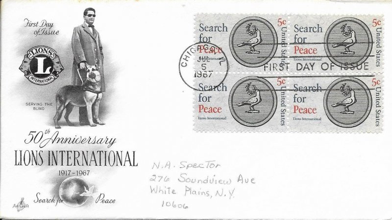 1967 FDC, #1326, 5c Lions International, Art Craft, block of 4 | United ...