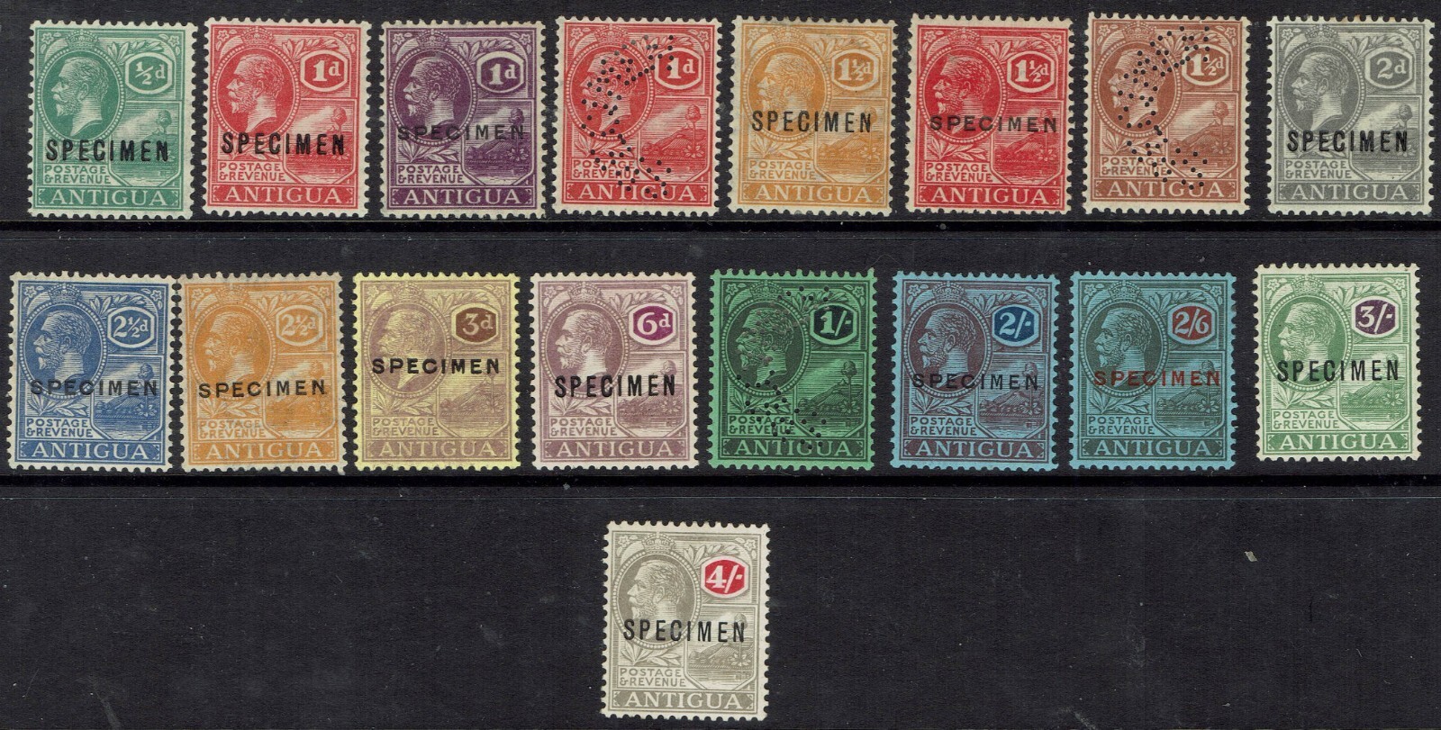 Antigua 1921 KGV Badge Specimen Range to 4/- WMK Multi Script CA ...