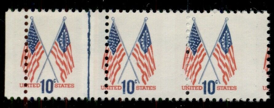 US #1509, 10¢ Crossed Flags, 3-strip w/perf shift & blue vertical line ...