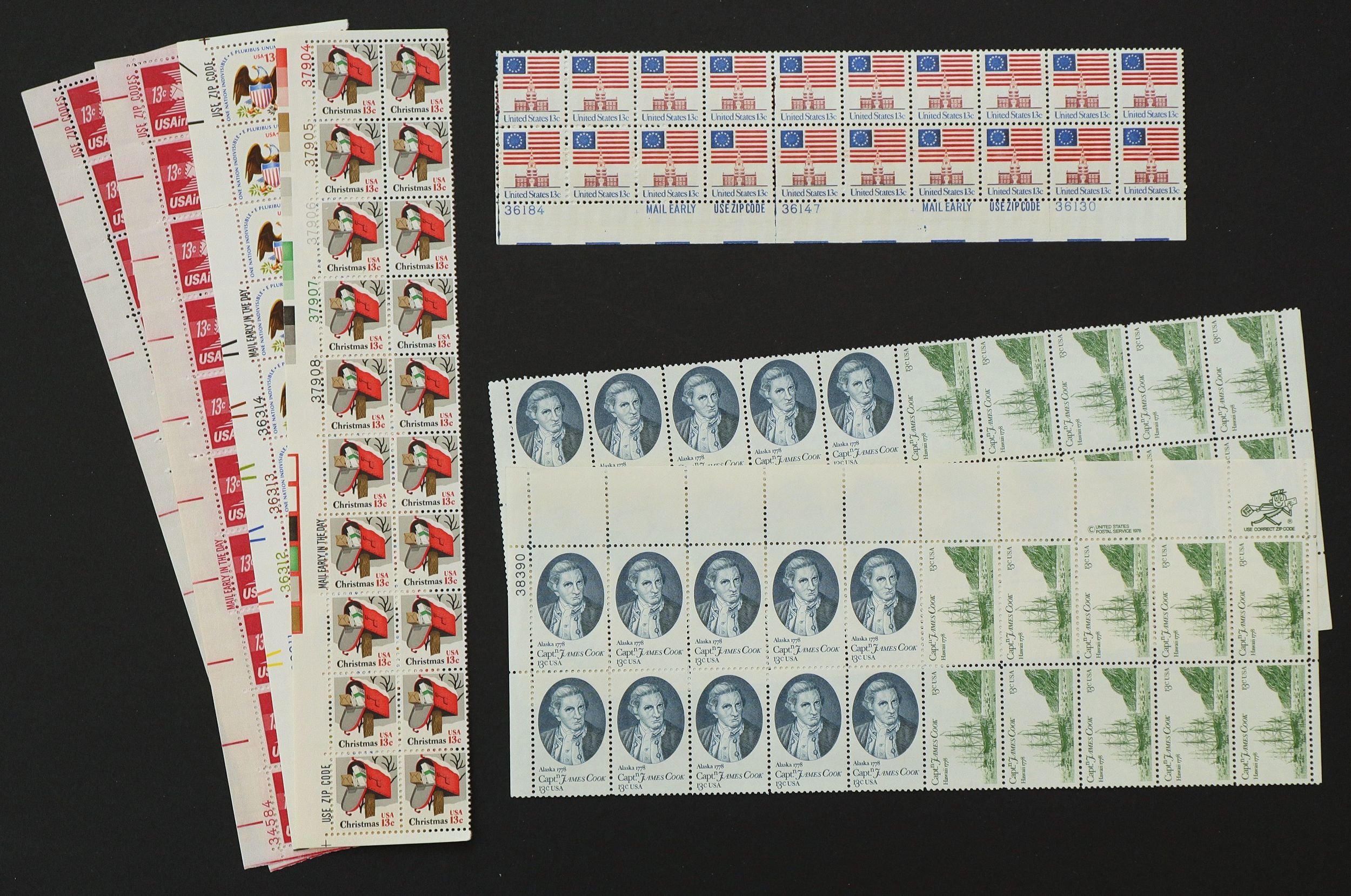 U.S. Mint Stamp Lot of 7 13c Plate # Block Strips of 20. 5 Different ...