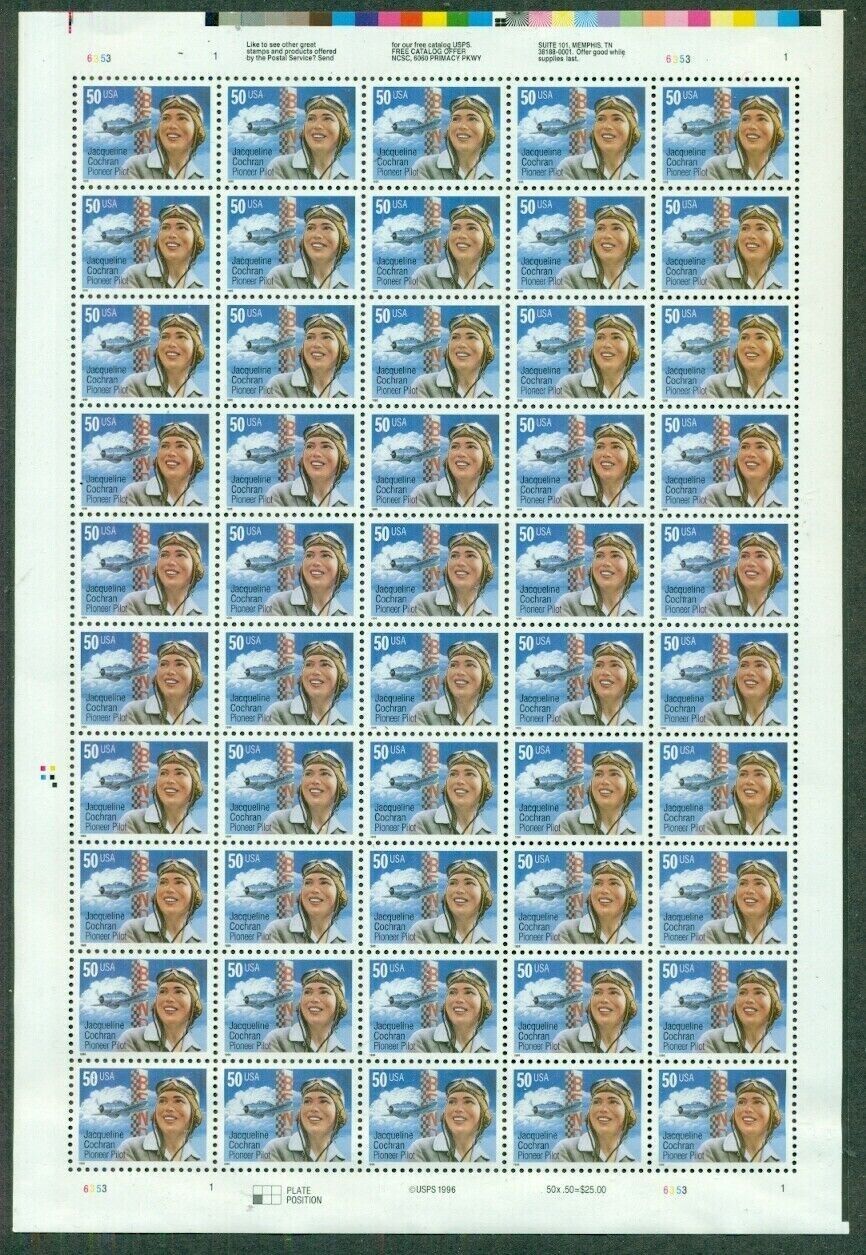 Jacqueline Cochran Pioneer Pilot of Fifty 50 Cent Postage Stamps Scott ...