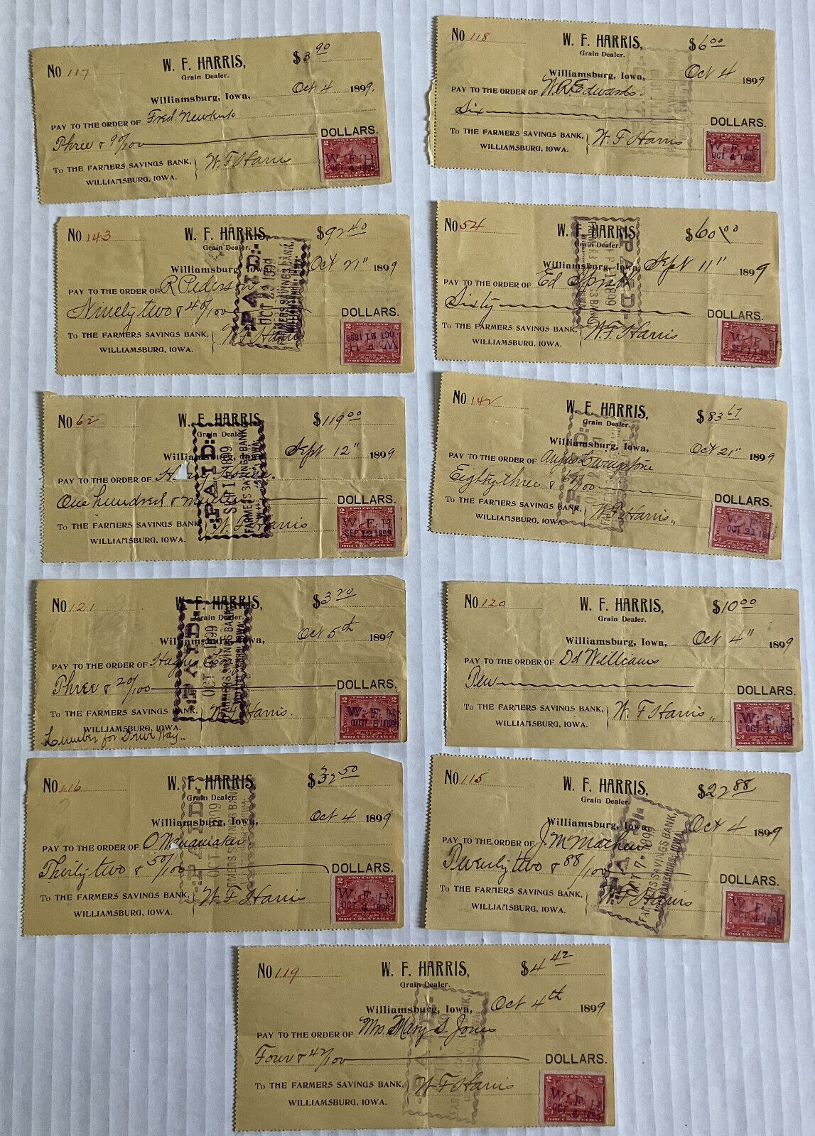 11 1899 checks w 2ct battleship revenues W.E. Harris Williamsburg IA ...
