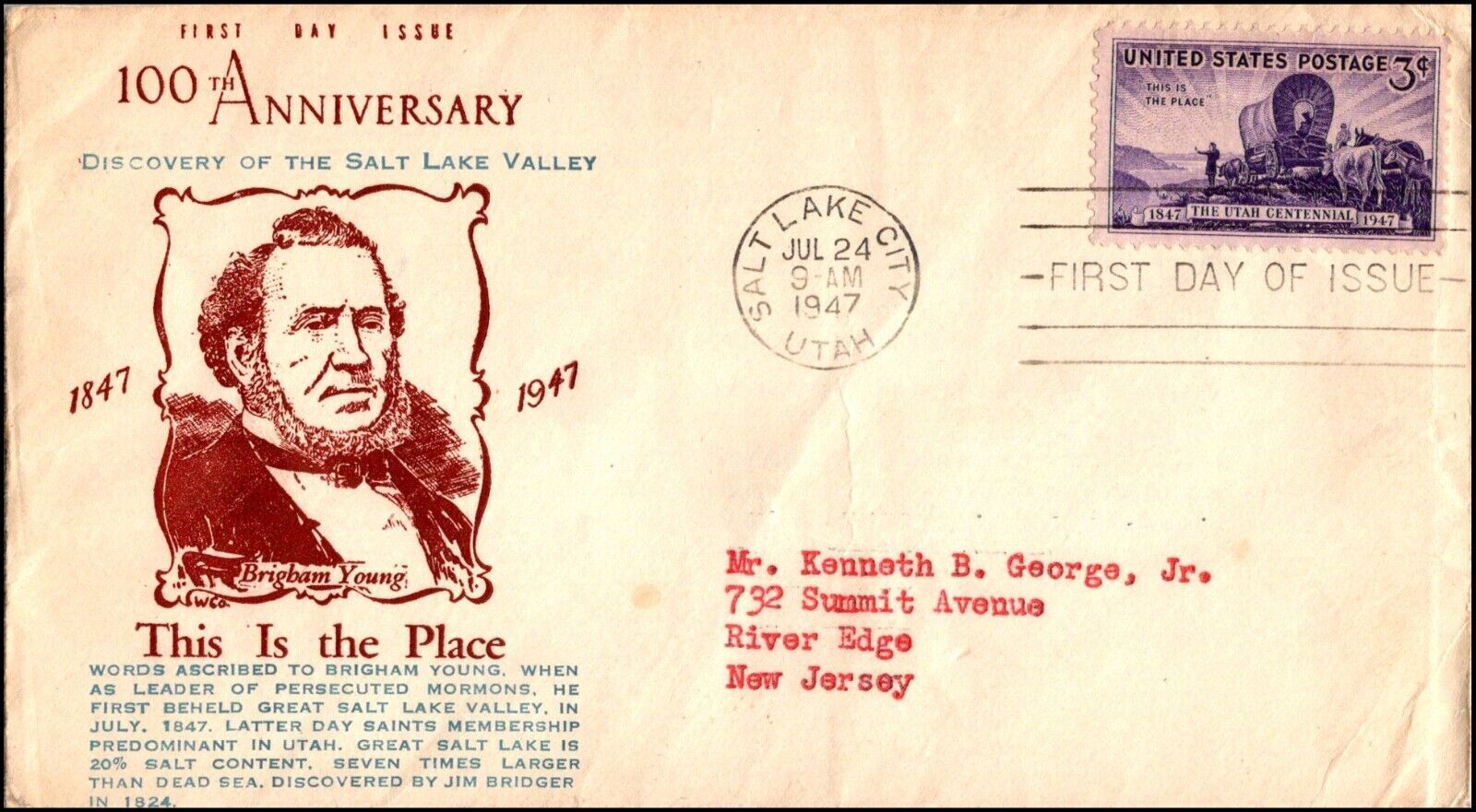 Kappysstamp Fdc18 1947 Scott 950 Mormon Brigham Young Salt Lake Utah CV ...