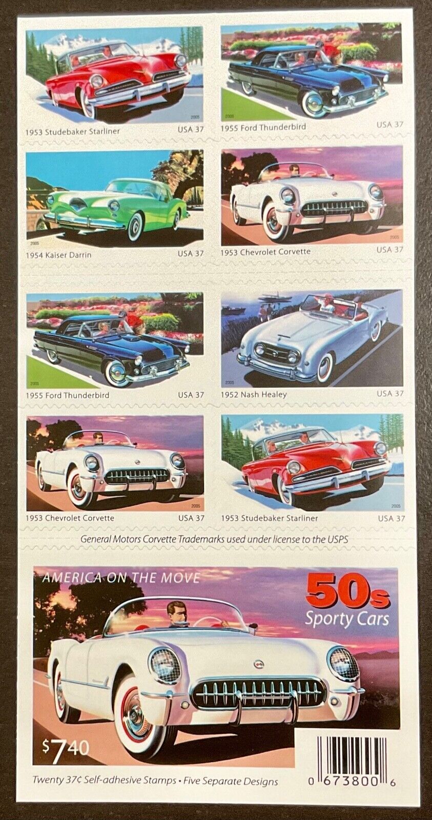 3935b Sporty Cars of the '50s Mint 37 c Pane of 20 FV $7.40 2005 ...