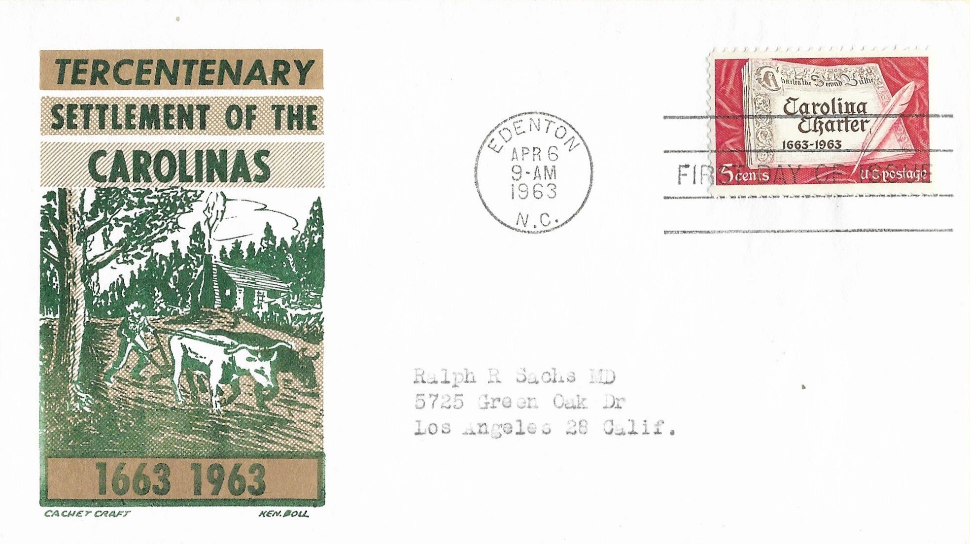 1963 FDC, #1230, 5c Carolina Charter, CC/Boll | United States, General ...