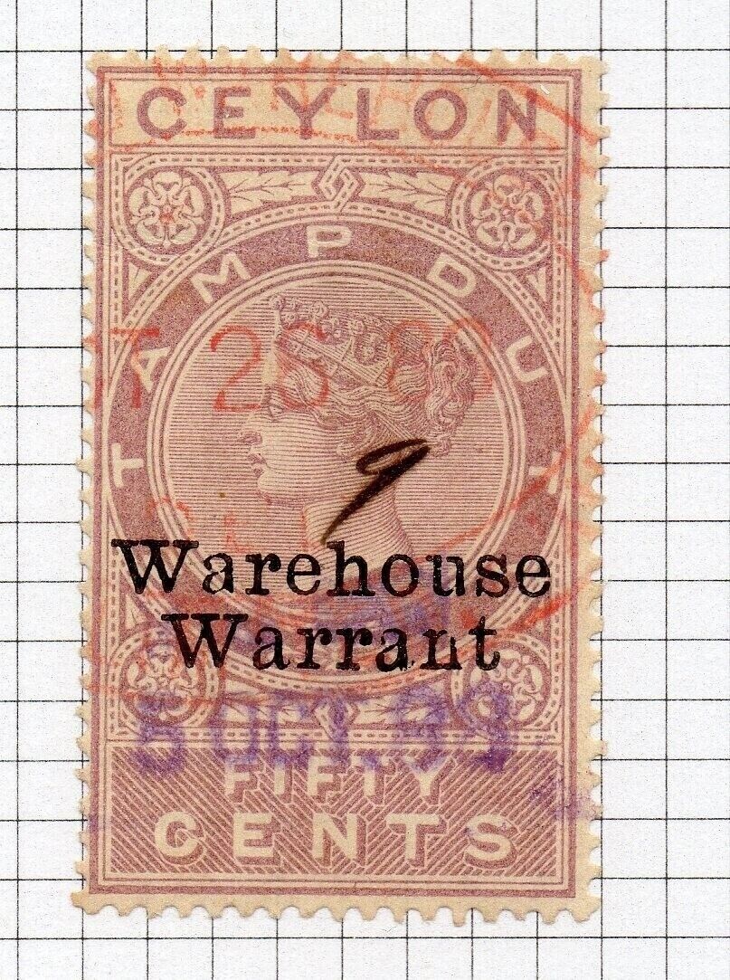 Ceylon 1873 Early Issue Fine Used 50c. Warehouse Warrant Stamp Optd NW ...