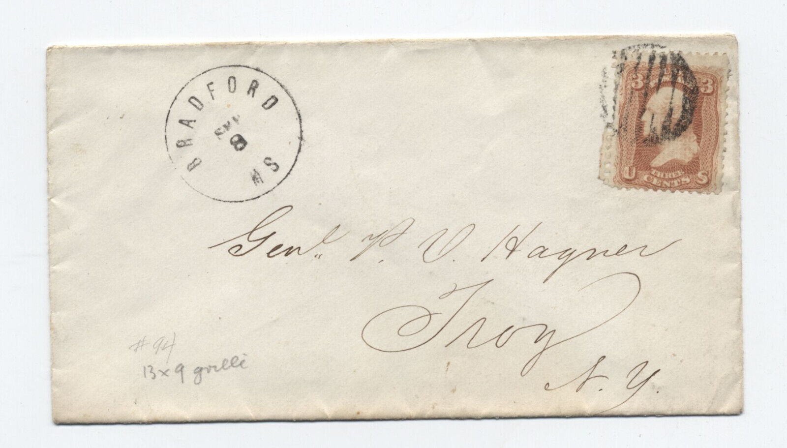 1860s Bradford MA 3ct grilled 1861 issue cover to Troy NY [h.4144 ...
