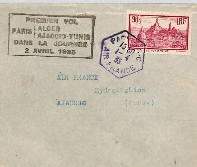 FRANCE Air Mail 1935 Cover FIRST FLIGHT *CORSICA* Ajaccio Paris AIR ...