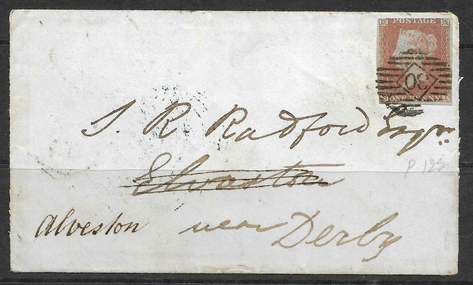 1d Penny Red Plate 125 lettered S-T - on cover with Alvaston undated ...