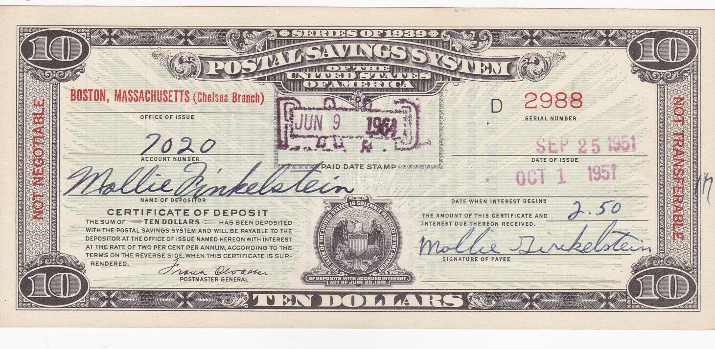 $10 Series of 1939 Postal Savings System Certificate Paid Chelsea MA ...