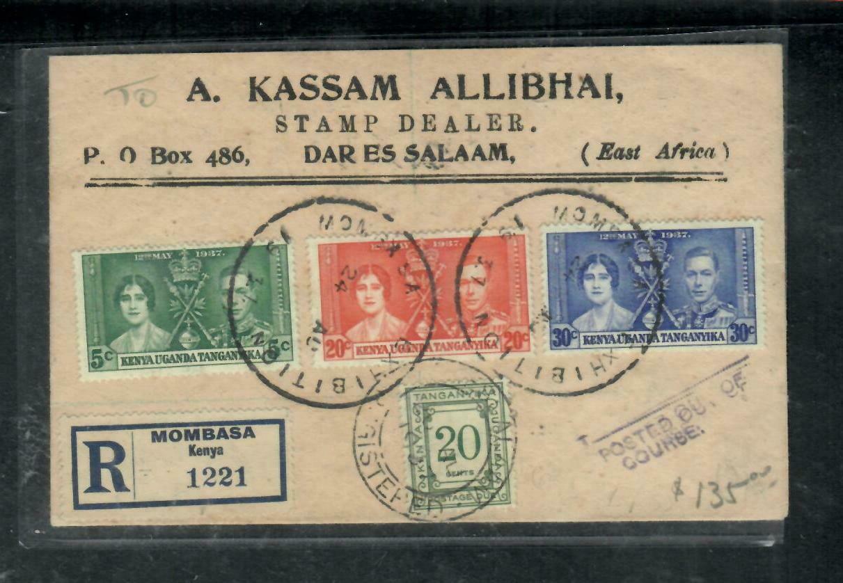 Kenya,Uganda,Tanganyika Cover (P3008B) 1937 Coronation +Postage DUE 20c ...
