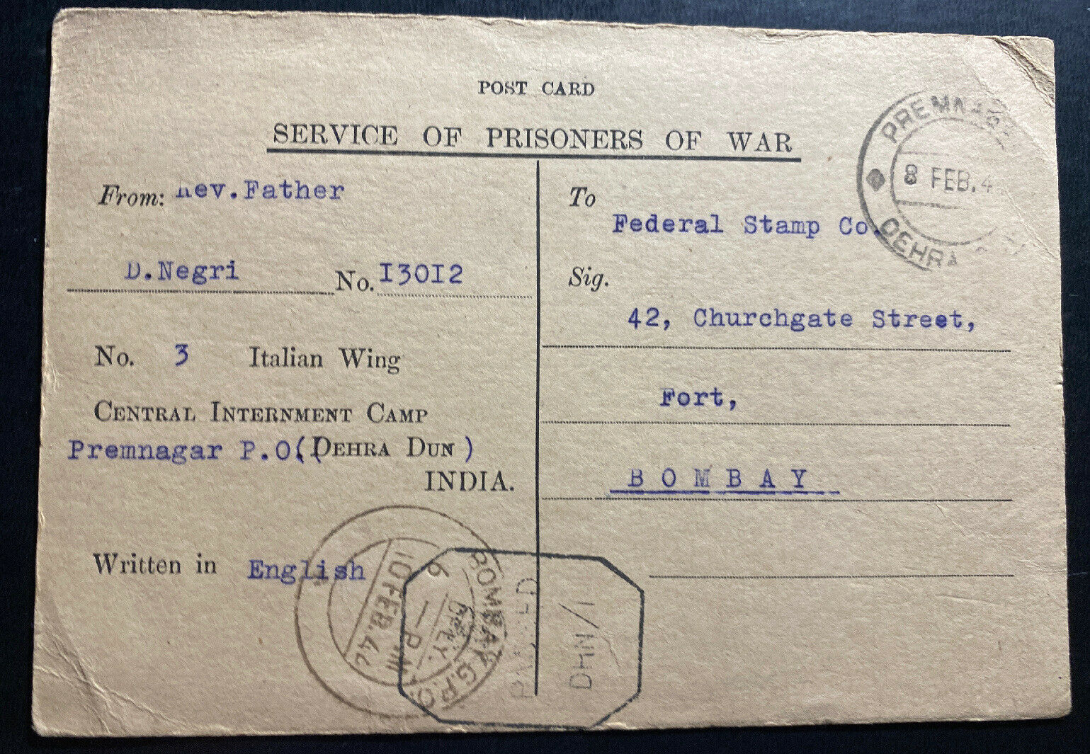 1944 Dehra Dun India POW Internment Camp Censored PC Cover To Stamp Co ...